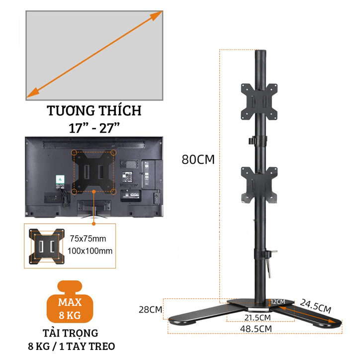 Giá Treo Hai Màn Hình Máy Tính M073 (17 – 27 Inch) Khung Treo Màn Hình Dọc